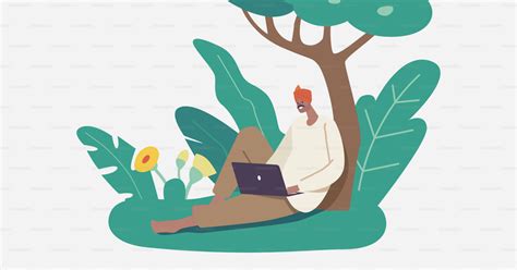 전통 의상을 입은 인도 농부 캐릭터는 노트북을 손에 들고 나무 아래에 앉아 들판에서 일을 마치고 휴식을 취한다 현대 장치를 가진 시골 남자 농업 노동자 만화 사람들 벡터