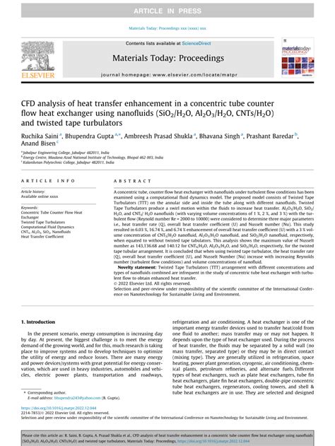 PDF CFD Analysis Of Heat Transfer Enhancement In A Concentric Tube Counter Flow Heat Exchanger