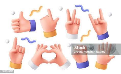 3d 손 제스처 아이콘 세트입니다 다양한 감정을 표현하는 재미있는 손 엄지 손가락 손바닥 평화 표시 및 마음 소셜 미디어를 위한 디자인 요소 현실적인 벡터 일러스트 레이 션