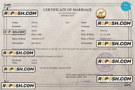 Eritrea Marriage Certificate PSD Template Completely Editable Roposh