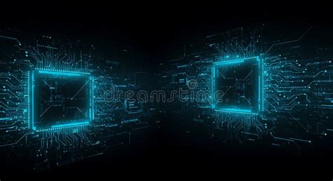 Dark Digital Environment Featuring Two Illuminated Microchips Connected By Stock Illustration