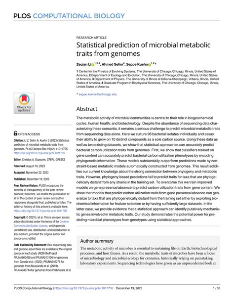 Pdf Statistical Prediction Of Microbial Metabolic Traits From Genomes
