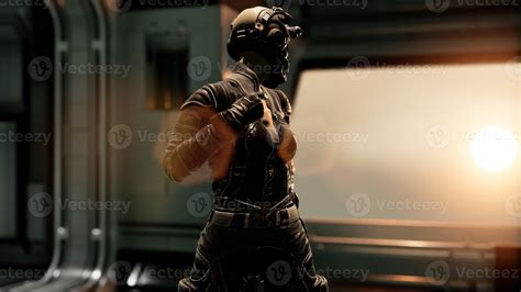 Sexy Futurictic Astronaut In The Space Station Stock Photo At