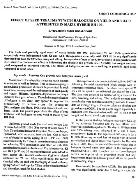Pdf Effect Of Seed Treatment With Halogens On Yield And Yield Attributes In Maize Hybrid Bh 1001