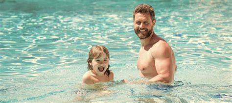 Father And Son In Swimming Pool Banner With Copy Space Daddy With Kid Boy On Spa Resort Stock