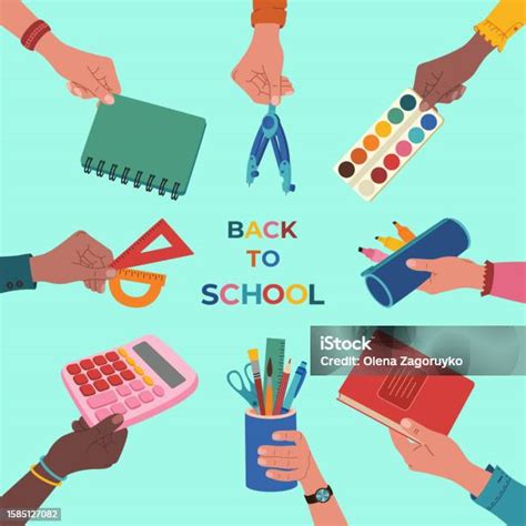 학용품을 든 다양한 손들 교과서 계산기 필통 물감 연필 마커 공책 및 학교 교과서 가위에 대한 스톡 벡터 아트 및 기타 이미지 Istock