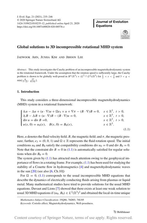 Global Solutions To 3d Incompressible Rotational Mhd System Request Pdf