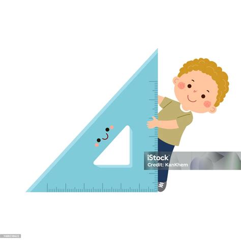 큰 삼각형 통치자를 가진 벡터 만화 어린 학생 소년 학교 개념으로 돌아 가기 각도기에 대한 스톡 벡터 아트 및 기타 이미지 각도기 개인 장식품 고등학교 이하 Istock