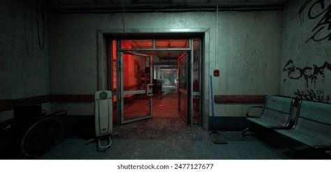 Abandoned Hospital Corridor Illuminated By Red庫存插圖 2477127677