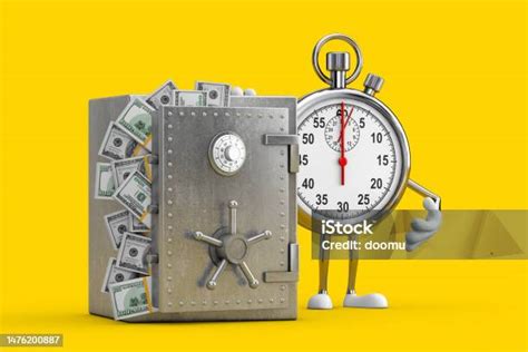 현대 스톱워치 만화 사람 캐릭터 마스코트 볼트 또는 달러 지폐로 가득 찬 금고 3d 렌더링 3차원 형태에 대한 스톡 사진 및 기타 이미지 Istock