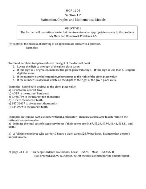 Mgf 1106 Section 12 Estimation Graphs And Mathematical Models