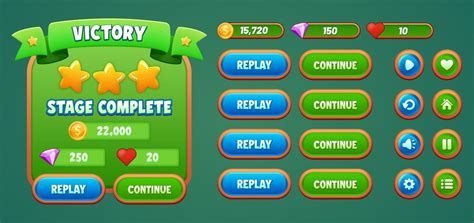 Premium Vector Game Ui Kit Complete Set Of Victory Menu Scene Pop Up Icons And Buttons With