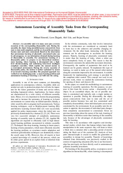 Pdf Autonomous Learning Of Assembly Tasks From The Corresponding