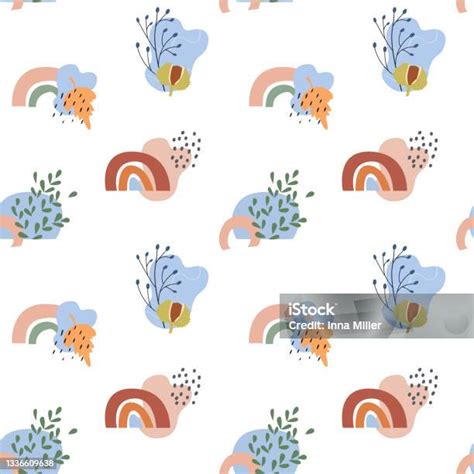 보호 아트 미적 매끄러운 패턴과 숲 가지의 가을 배열과 열매와 나뭇 가지 무지개와 추상적 인 모양과 라인반복 배경 플랫 스타일 벡터 일러스트레이션 0명에 대한 스톡 벡터