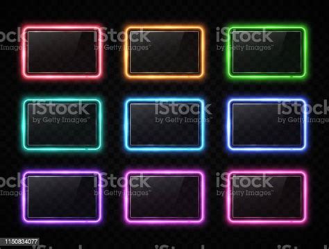 다채로운 네온 사각 간판 유리 질감 접시와 함께 설정 합니다 투명 한 배경에 빛나는 색상 사각형 컬렉션입니다 빛나는 Led 할로겐 램프 프레임 배너입니다 밝은 미래 벡터