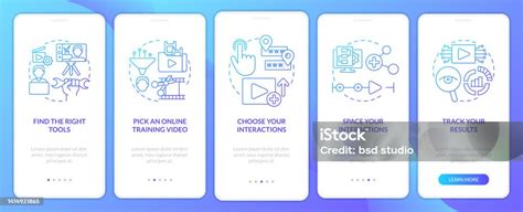 교육용 비디오 블루 그라데이션 온보딩 모바일 앱 화면 만들기 Brand Name Smart Phone에 대한 스톡 벡터 아트 및 기타 이미지 Brand Name
