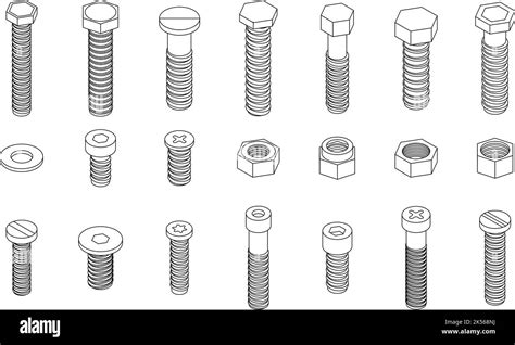 Screw Bolt Icons Set Isometric Set Of Screw Bolt Vector Icons Outline Isolated On White