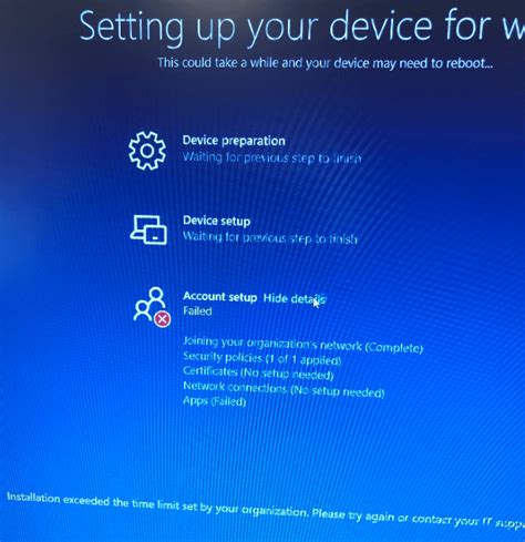 Win10 Intune Enrollment Issue Fails On Setting Up Your Device Work Blue Screen R Intune