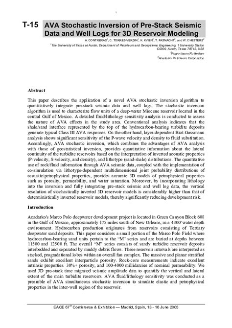 Pdf Ava Stochastic Inversion Of Pre Stack Seismic Data And Well Logs