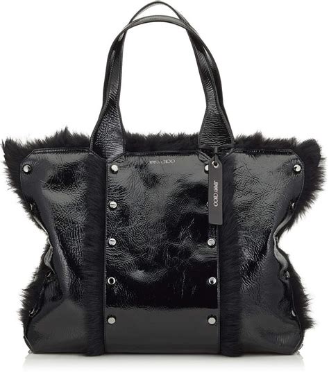 Jimmy Choo Lockett Shopper Black Shiny Naplack Tote Bag With Shearling