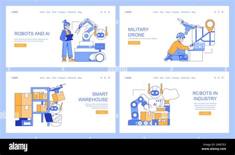 Robotics And Ai Web Banner Set Interfaces Showcasing Automation In Industry Military Precision
