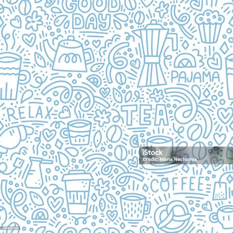 낙서 그림입니다 원활한 벡터 패턴 커피 차 크루아상 잠옷 개념을 완화 개념에 대한 스톡 벡터 아트 및 기타 이미지 개념 그리기 낙서 드로잉 Istock