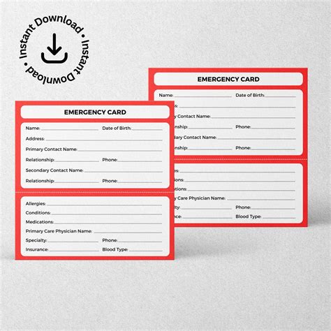 Printable Emergency Card Template Emergency Card For Wallet Emergency Contact Card Business Card