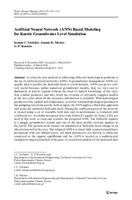 Pdf Artificial Neural Network Ann Based Modeling For Karstic Groundwater Level Simulation
