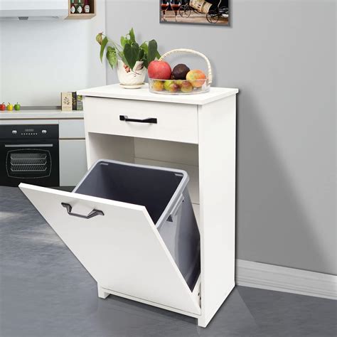 Comsrev 傾斜式垃圾桶 櫥櫃 洗衣籃 狗糧 收納 隱藏式狗 廚房島嶼 回收廢物 櫥櫃 木製 獨立站立 附抽屜 可容納 10 加侖 工業與科學