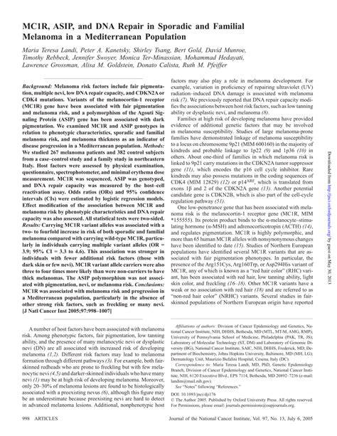 PDF MC R ASIP And DNA Repair In Sporadic And Familial Melanoma In A Mediterranean Population