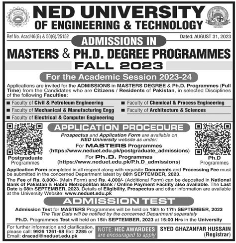 Ned University Of Engineering And Technology Admissions 2023
