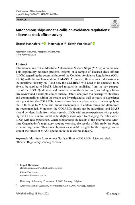 Pdf Autonomous Ships And The Collision Avoidance Regulations A Licensed Deck Officer Survey