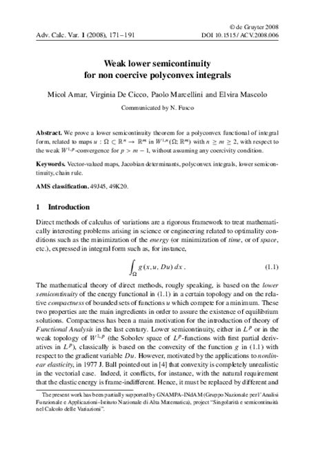 Pdf Weak Lower Semicontinuity For Non Coercive Polyconvex Integrals