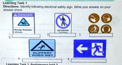 SOLVED: Learning Task 1 Directions: Identify the following electrical safety sign. Write your ...