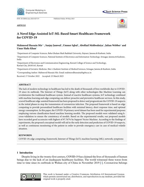PDF A Novel Edge Assisted IoT ML Based Smart Healthcare Framework For COVID