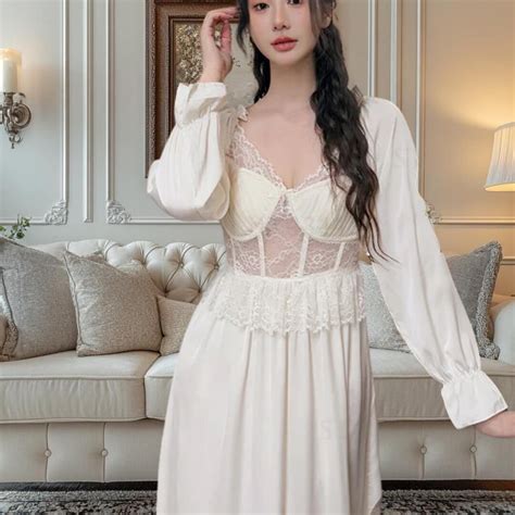 French Lace Long Nightgown Elegant Satin Loungewear Vintage Bridal