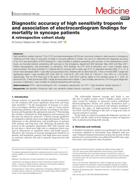 Pdf Diagnostic Accuracy Of High Sensitivity Troponin And Association Of Electrocardiogram