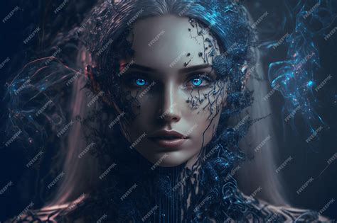 Premium Ai Image Modern Futuristic Female Humanoid Robot Portrait With Technology Details On