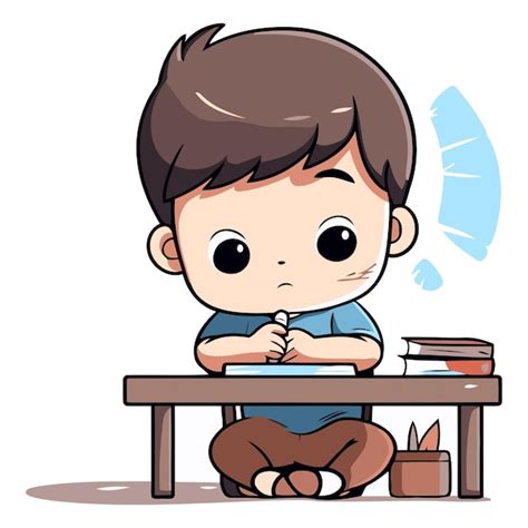 책상에 앉아서 글을 쓰는 귀여운 소년 프리미엄 벡터