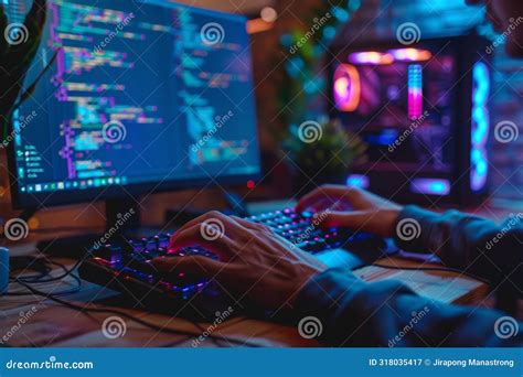 Programmer Is Hands On Keyboard Writing Source Code On Screen Monitor Showing Writing Code
