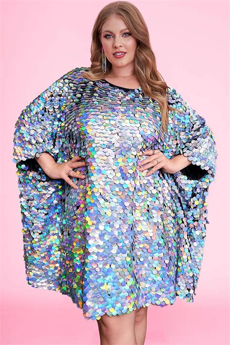 Xpluswear Design Plus Size Party Dress Silver Reflective Sequin Batwing
