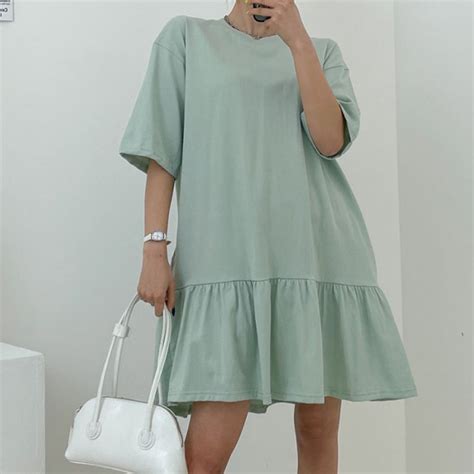 다미님 4컬러 반팔 미니 원피스 라운드넥 유넥 면 무지 벌룬 퍼프 셔링 프릴 캉캉 주름 잠옷 하객룩 결혼식 빅사이즈 오버핏 여름 여행 포켓 언발 트임 티셔츠 브이넥