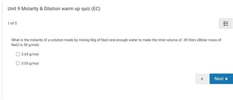 Solved Unit 9 Molarity Dilution Warm Up Quiz EC 1 Of 5 Chegg Com