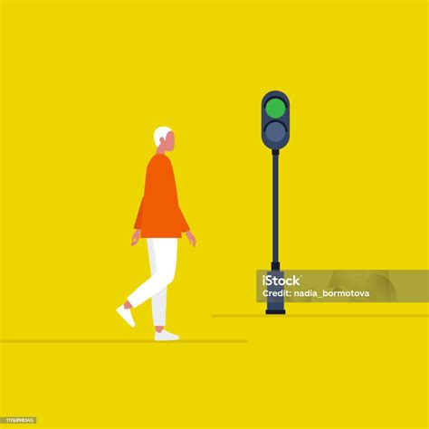 녹색 신호등입니다 도로를 건너는 젊은 남성 보행자 안전 플랫 편집 가능한 벡터 일러스트레이션 클립 아트 교통신호등에 대한 스톡 벡터 아트 및 기타 이미지 Istock
