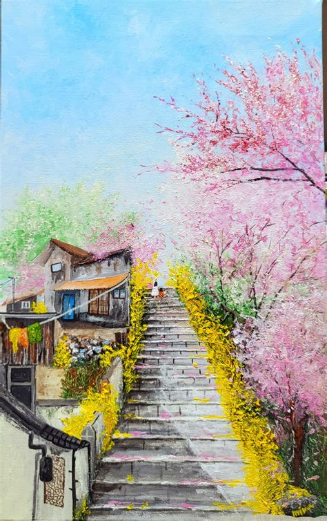 Mira 🌞으랏찻차 힐링하세요 2025년 작품 2504 15 그리움을담다 공미라 봄풍경 시골풍결 학교등교 봄놀이 달동네 계단 벚꽃계단