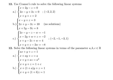 solved 12 use cramer s rule to solve the following linear