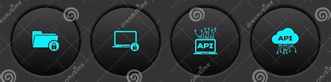 Set Folder And Lock Laptop Computer Api Interface And Cloud Icon