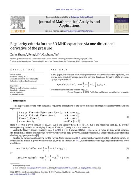 Pdf Regularity Criteria For The 3d Mhd Equations Via One Directional Derivative Of The Pressure