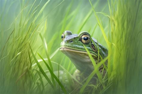 Premium Photo Green Frog Hiding In Grass Among Tall Green Blades