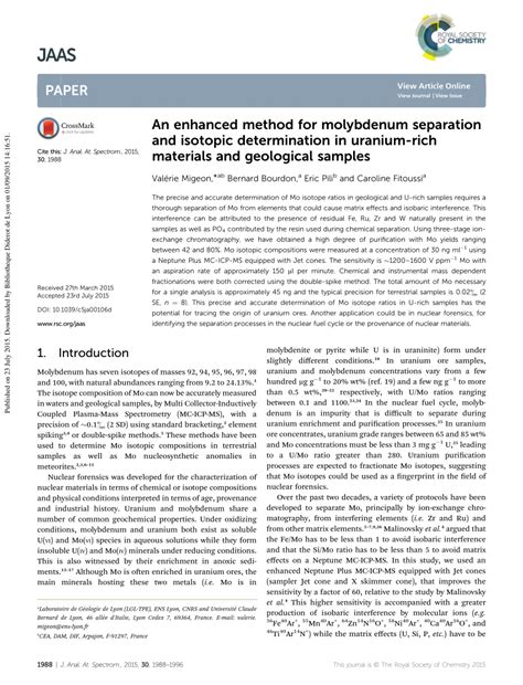 Pdf Enhanced Method For Molybdenum Separation And Isotopic Determination In Uranium Rich